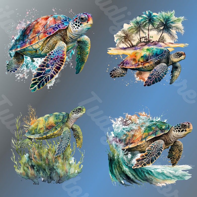 Watercolor Colorful Sea Turtle Clipart - 38 Ocean Animals PNG - Cute ...