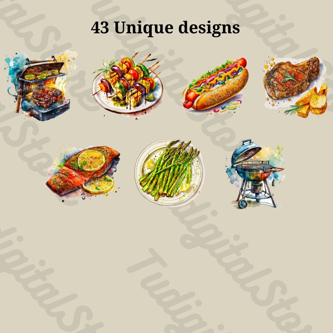 Watercolor BBQ Clipart 43 Delicious PNG Bundle Food PNG Grill Steak ...