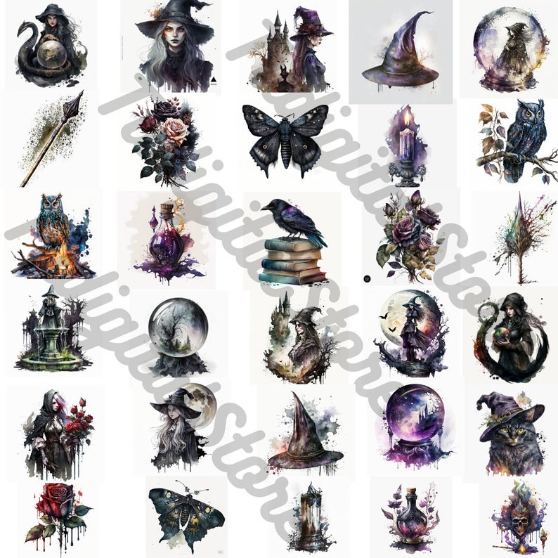 Watercolor Dark Witch Clipart - 30 Gothic Witch PNG - Magic Clip Art ...