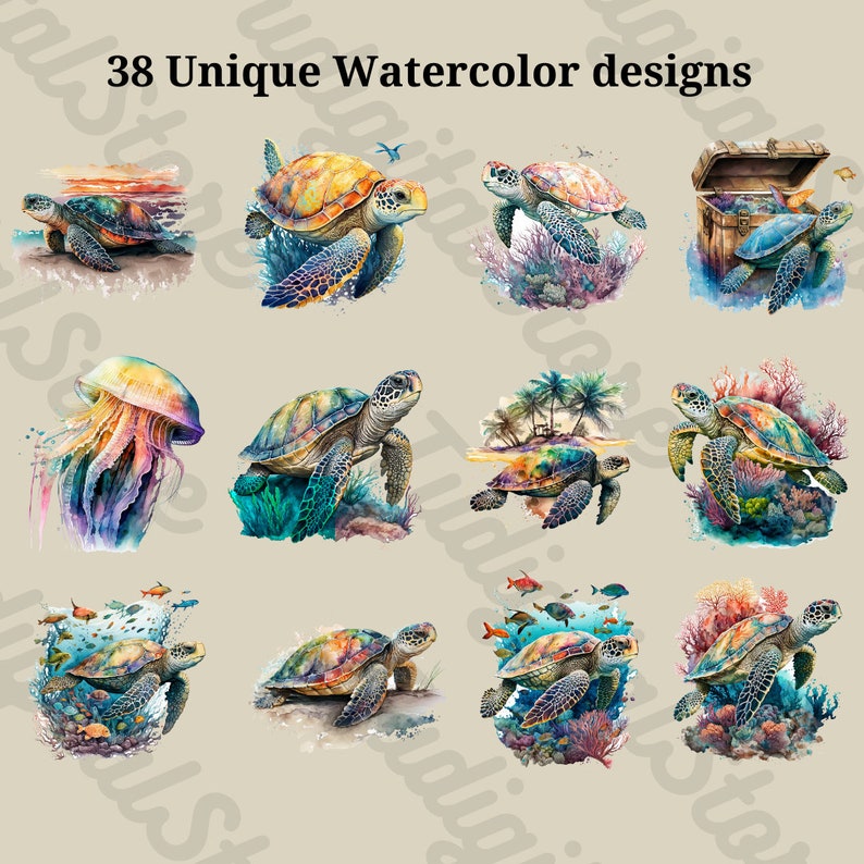 Watercolor Colorful Sea Turtle Clipart - 38 Ocean Animals PNG - Cute ...