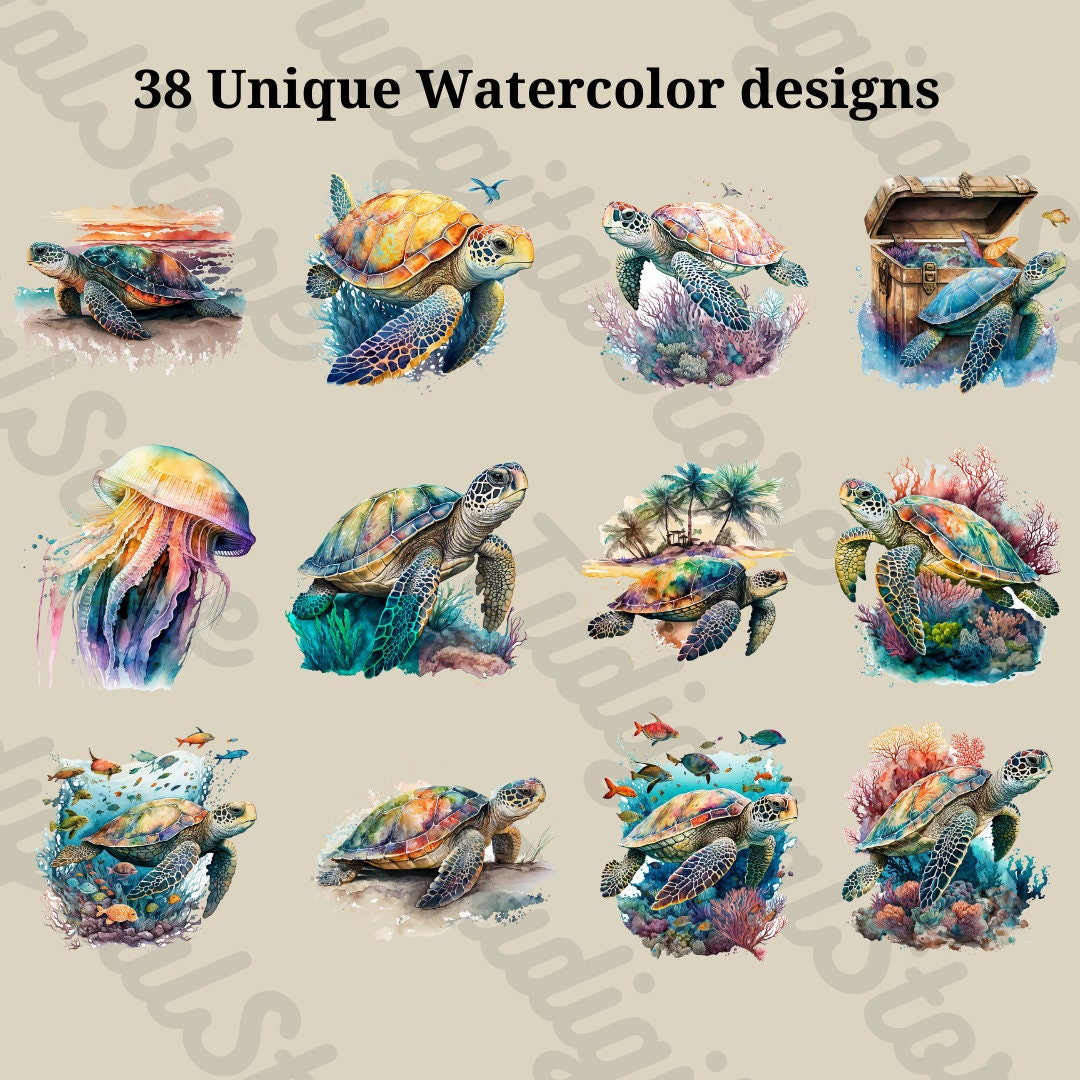 Watercolor Colorful Sea Turtle Clipart - 38 Ocean Animals PNG - Cute ...