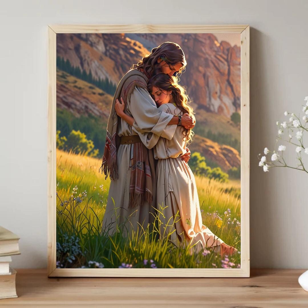 Modern Christian Wall Art - Jesus Embrace in a Peaceful Field ...