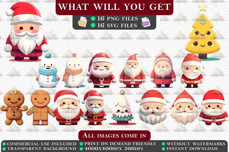 16 Cute KAWAII Christmas Funny Bundle Pack Santa Claus Snowman Tree ...