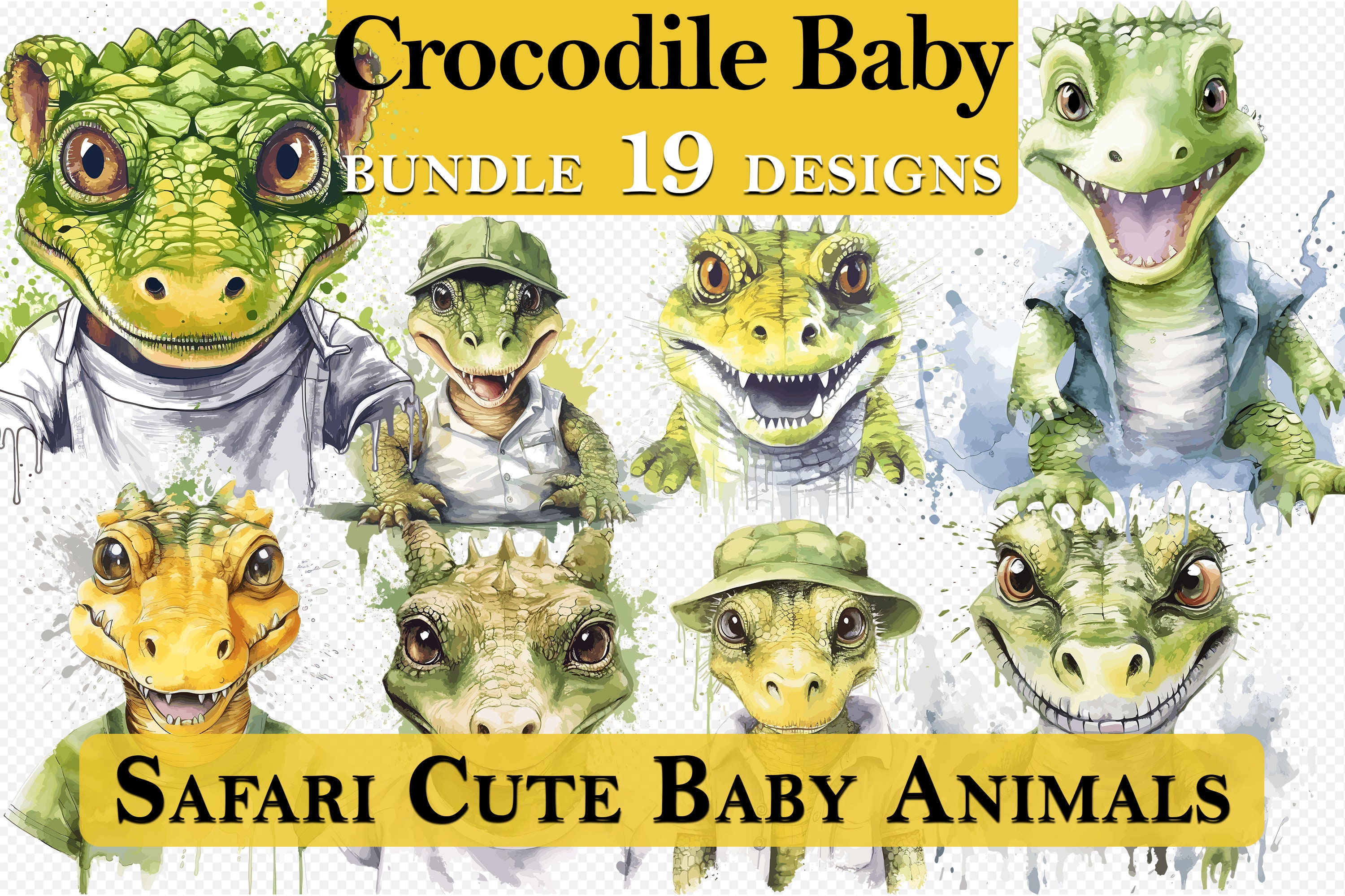 19 Crocodile Safari Watercolor Clipart Bundle, Cute Animal, Baby Shower ...