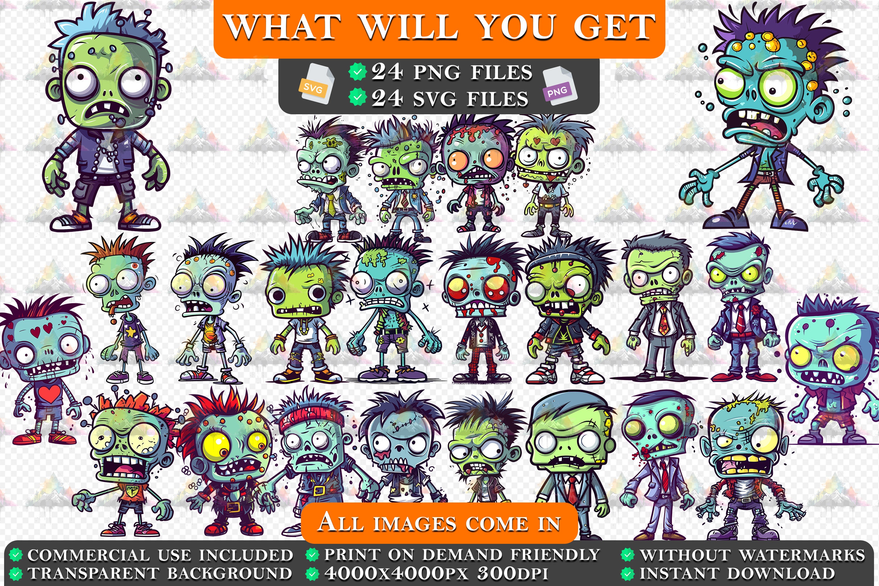 24 Zombie Cute Cartoon Clipart Bundle Spooky Green Graphics, Paper ...