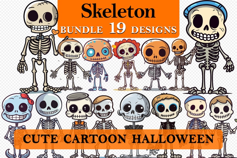 19 Skeleton Halloween Cute Cartoon Clipart, Spooky Skeleton Graphics ...