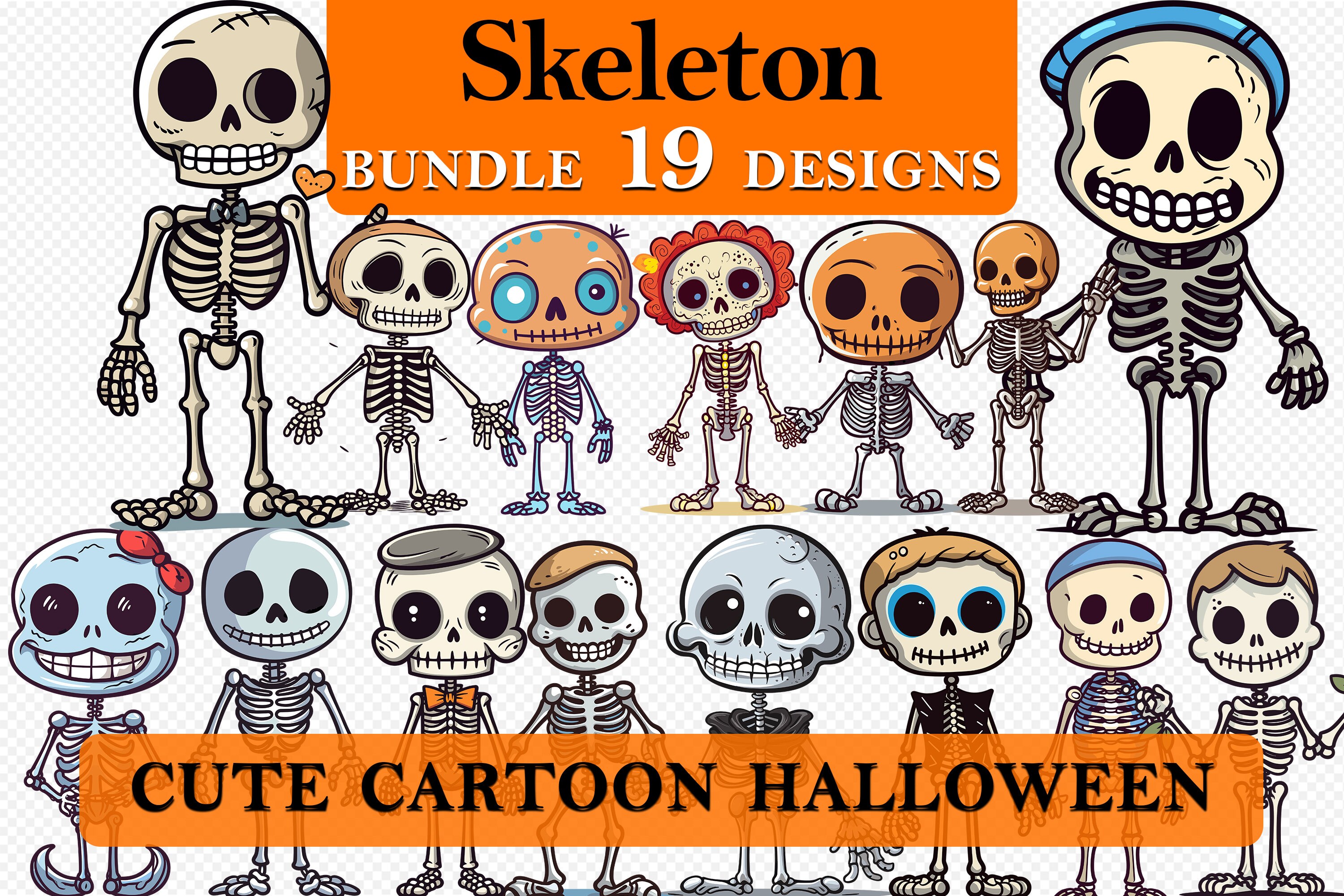 19 Skeleton Halloween Cute Cartoon Clipart, Spooky Skeleton Graphics ...