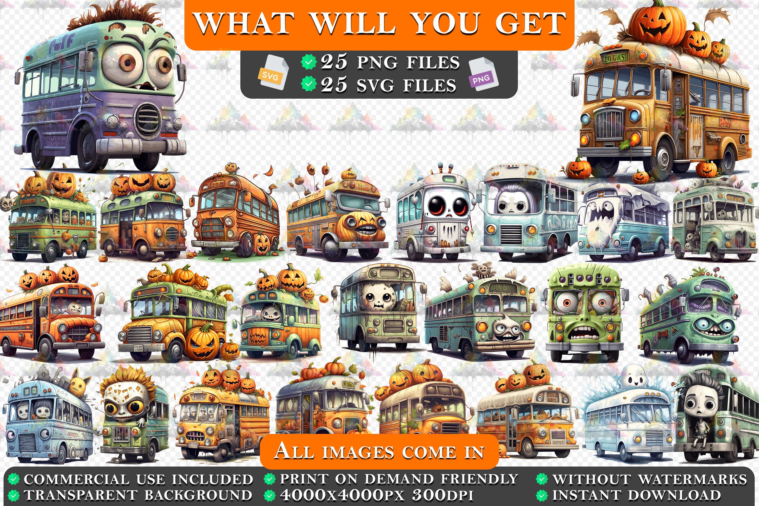 25 Haunted Bus Halloween Cute Cartoon Clipart, Spooky Graphics, Paper ...