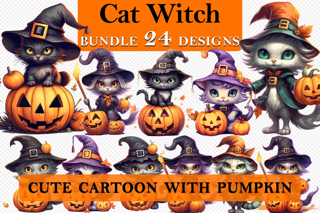 24 Cat Witch Pumpkin Halloween Cute Cartoon Clipart Spooky Graphics ...