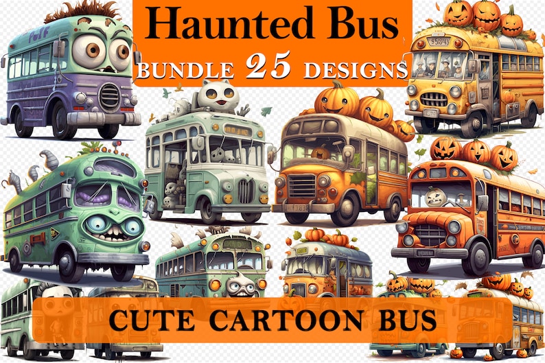 25 Haunted Bus Halloween Cute Cartoon Clipart, Spooky Graphics, Paper ...