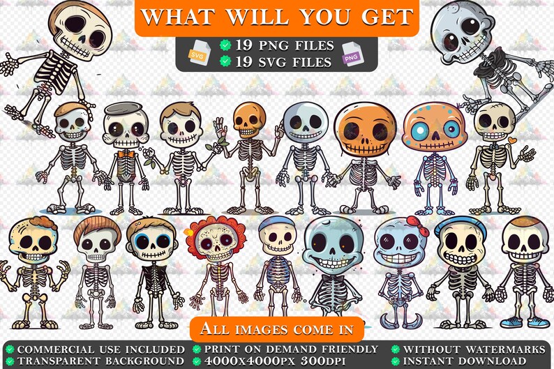 19 Skeleton Halloween Cute Cartoon Clipart, Spooky Skeleton Graphics ...