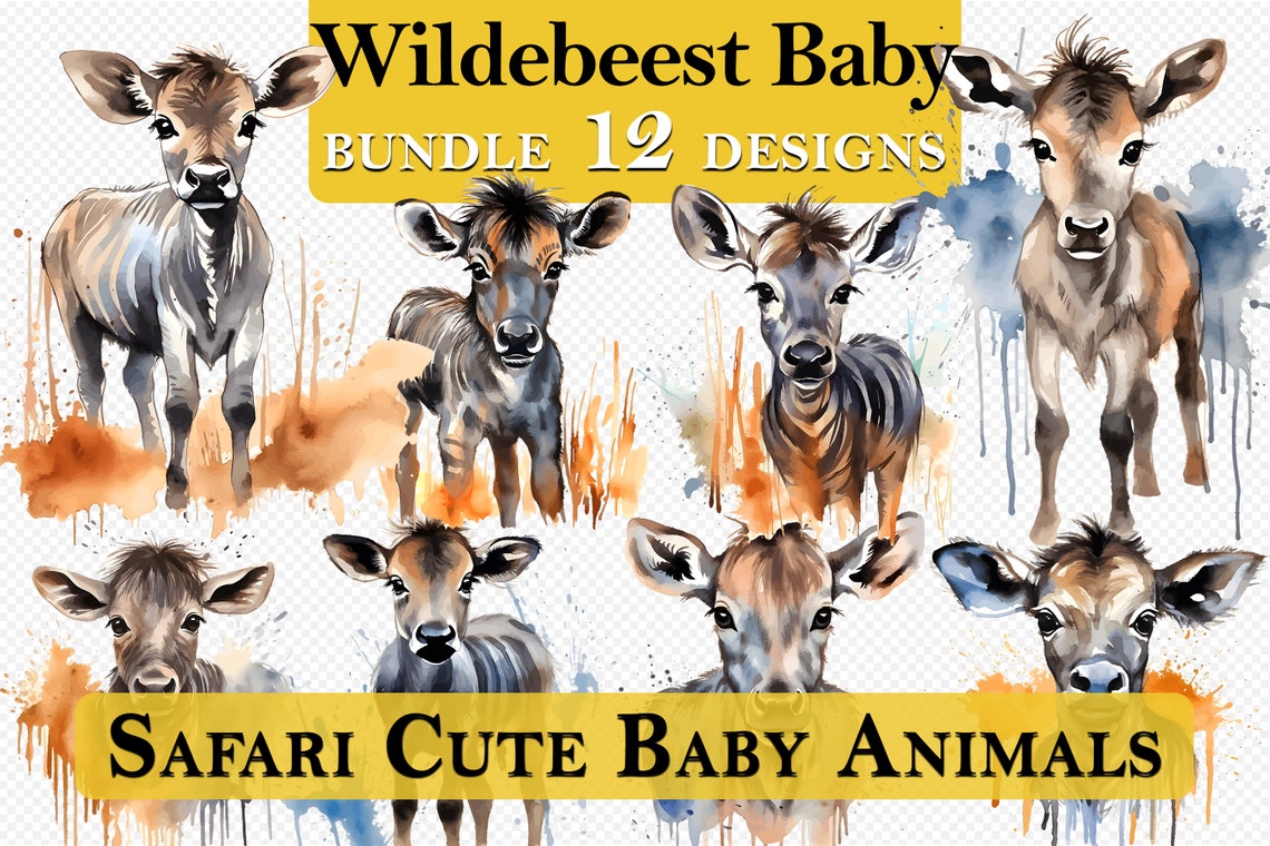 12 Wildebeest Safari Watercolor Clipart Bundle Cute Animal - Etsy