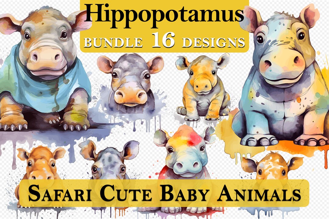 16 Hippo Safari Watercolor Clipart Bundle, Cute Animal, Baby Shower ...