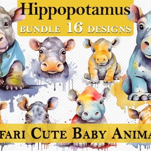 16 Hippo Safari Watercolor Clipart Bundle, Cute Animal, Baby Shower ...