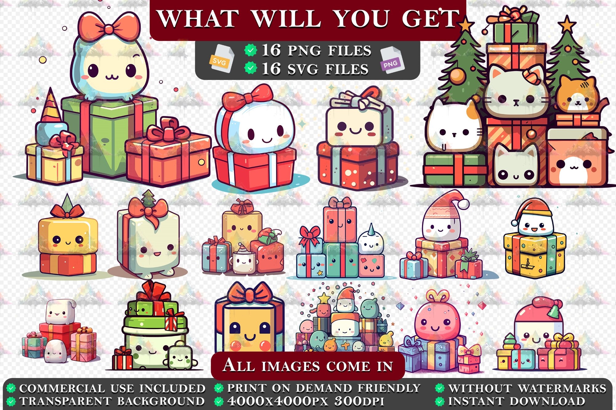 16 Cute Kawaii Christmas Gifts Bundle Pack Graphics Clipart Nursery ...