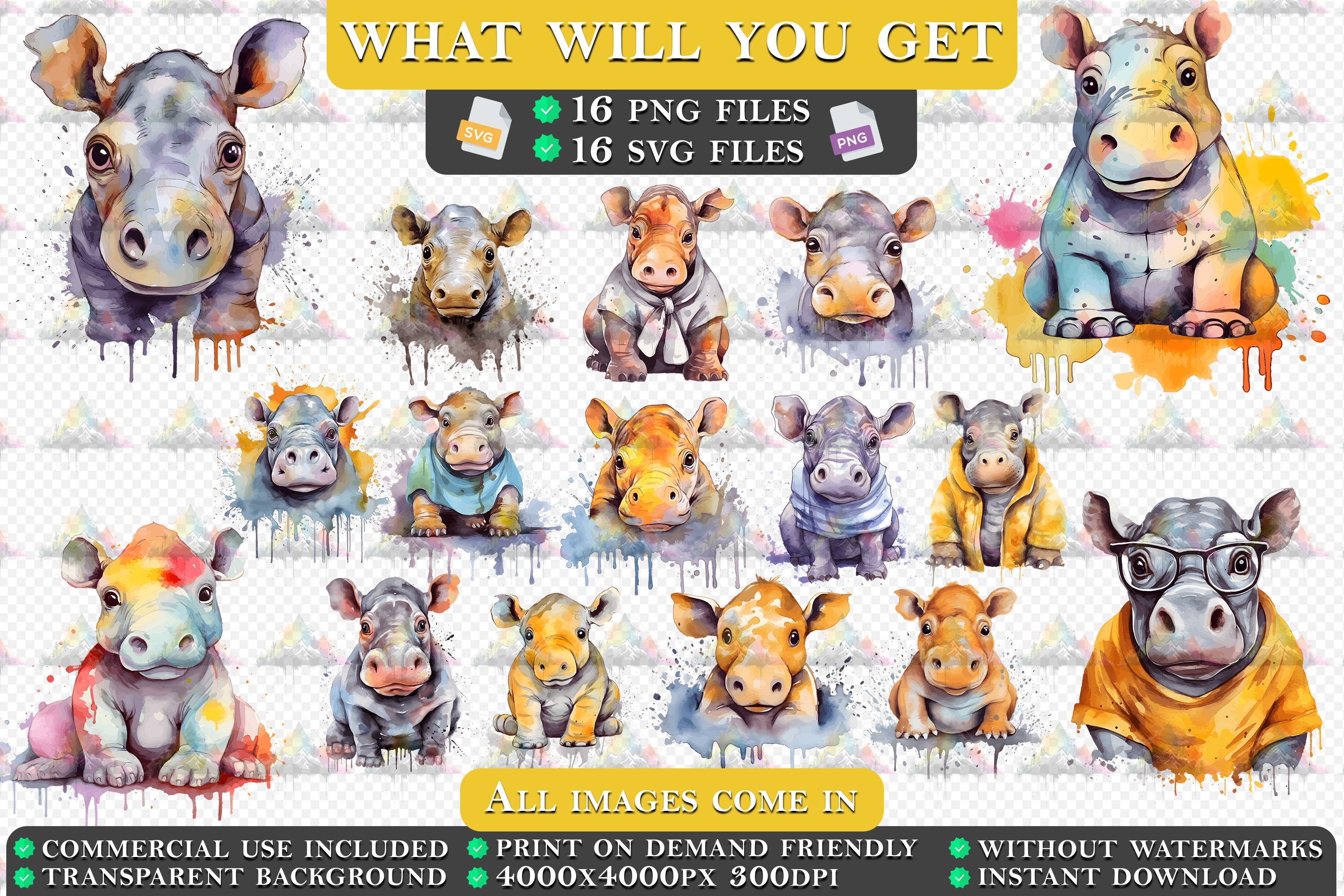 16 Hippo Safari Watercolor Clipart Bundle, Cute Animal, Baby Shower ...