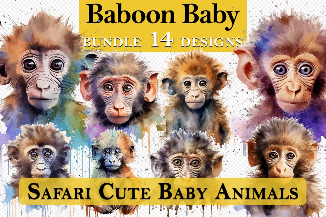 14 Baboon Safari Watercolor Clipart Bundle, Cute Animal, Baby Shower ...