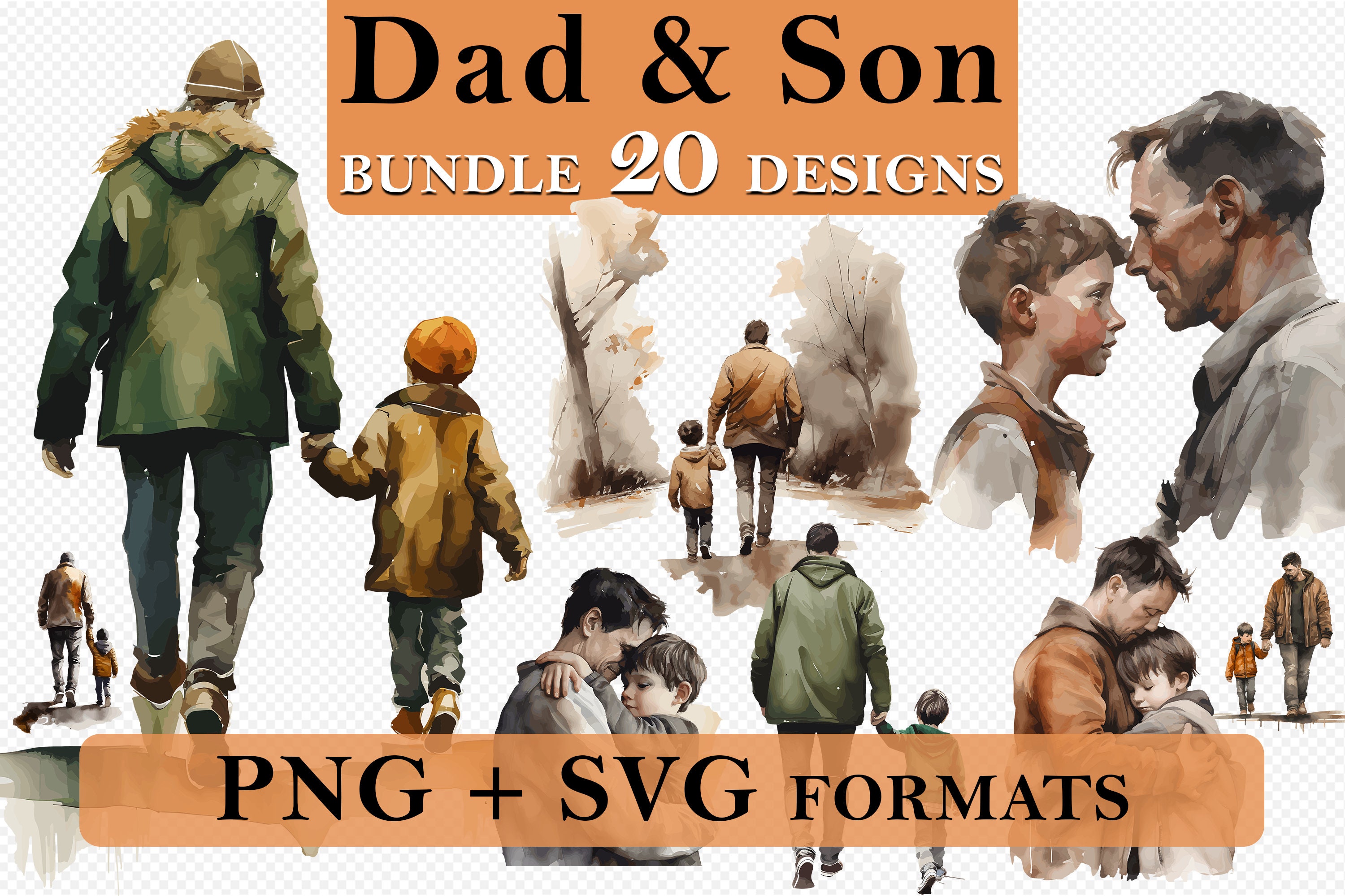 20 Father’s Day Watercolor Cliparts, Dad and Son, Fathers Day Gift ...