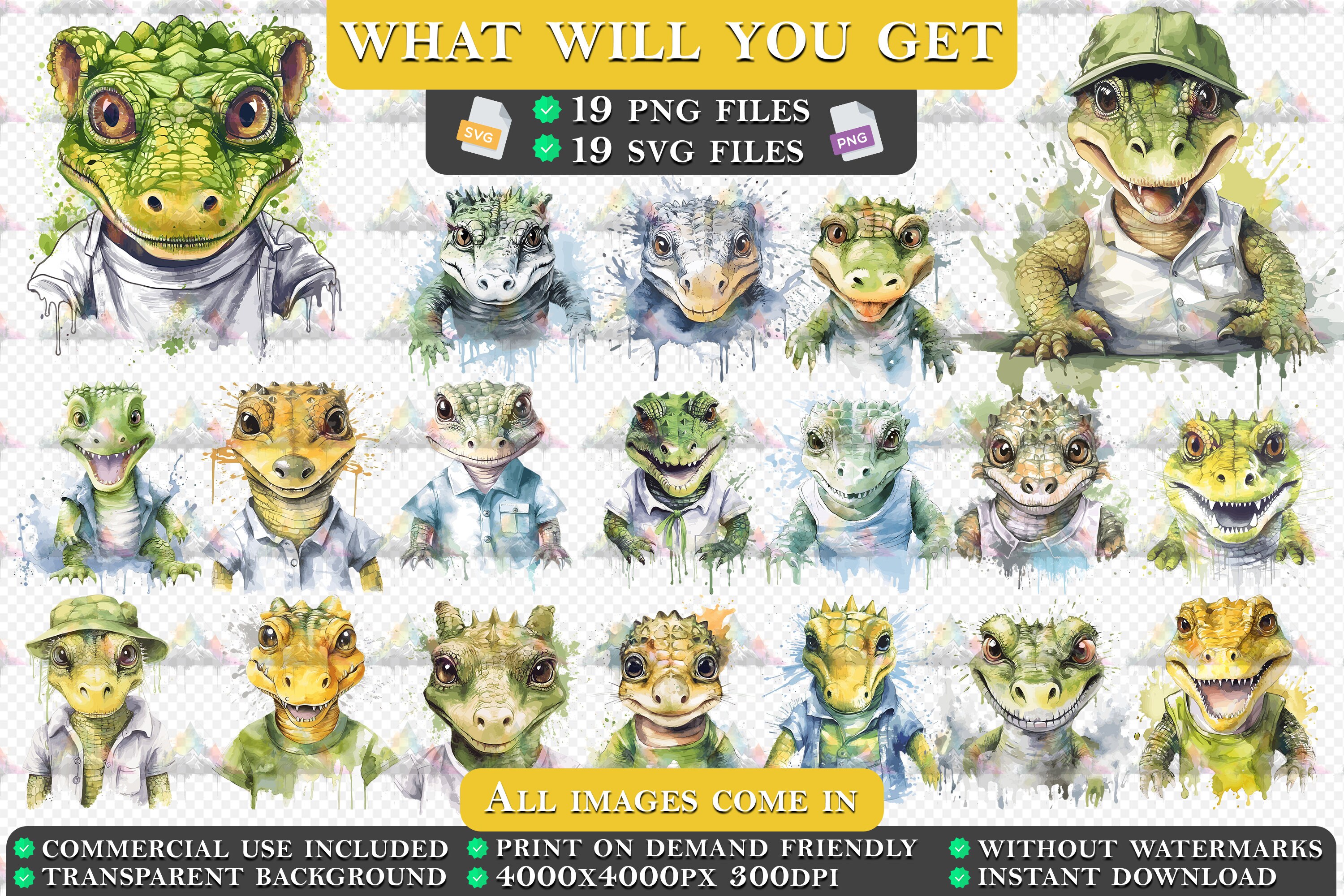 19 Crocodile Safari Watercolor Clipart Bundle, Cute Animal, Baby Shower ...