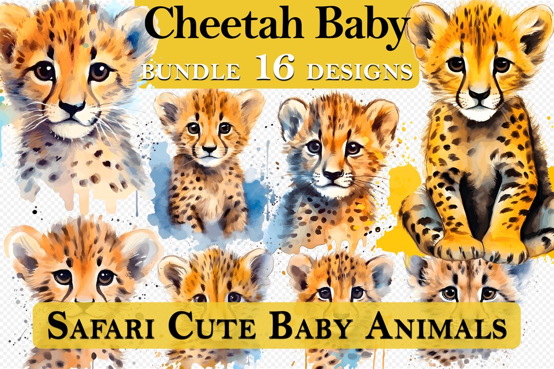 16 Cheetah Safari Watercolor Clipart Bundle, Cute Animal, Baby Shower ...