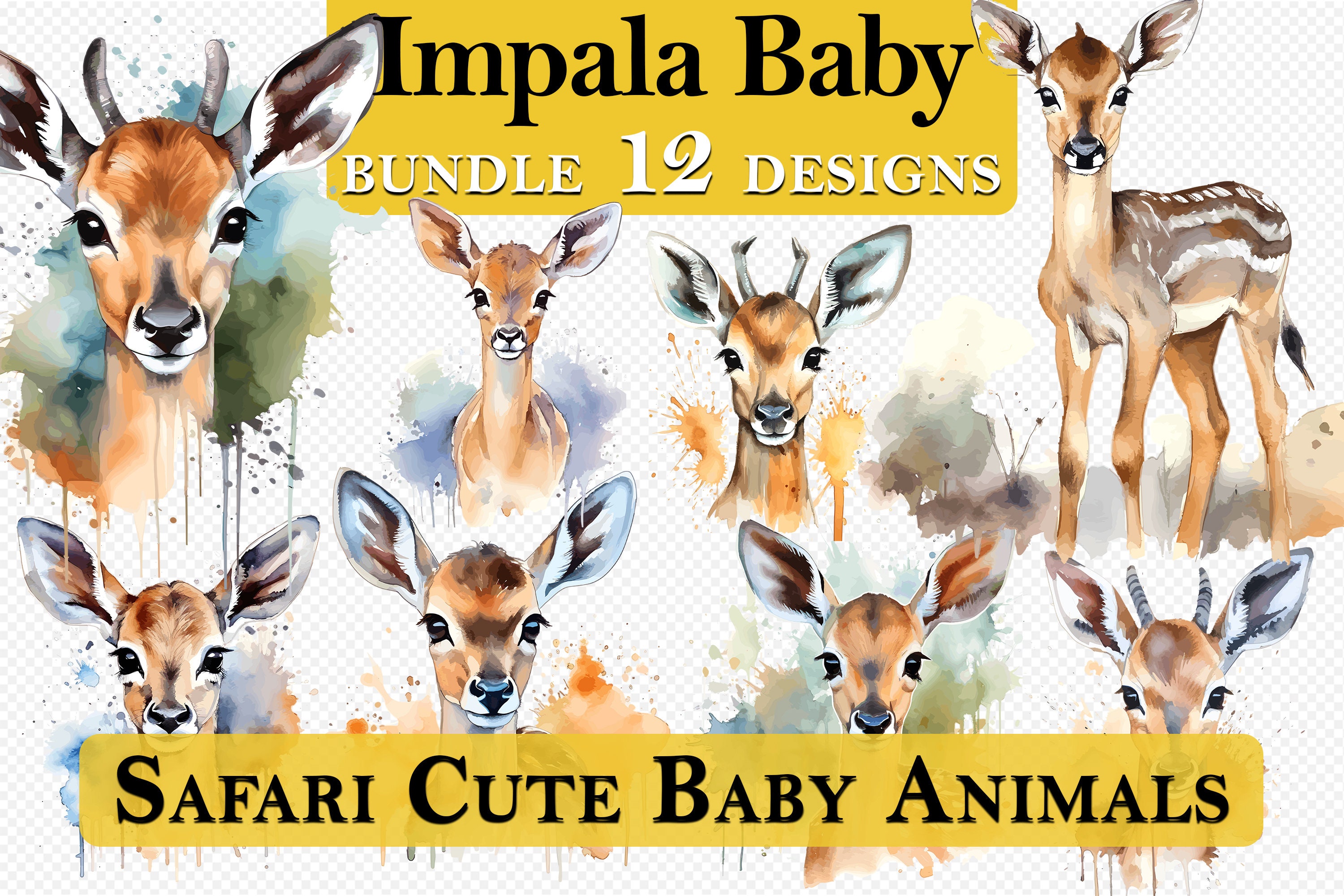 12 Impala Safari Watercolor Clipart Bundle, Cute Animal, Baby Shower ...