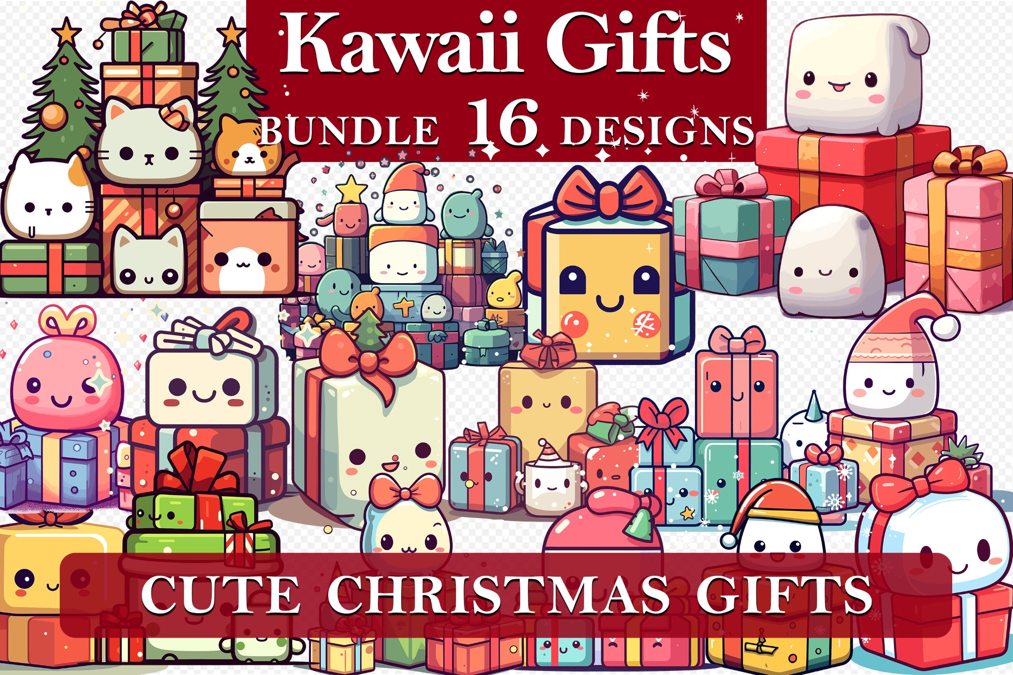 16 Cute Kawaii Christmas Gifts Bundle Pack Graphics Clipart Nursery ...