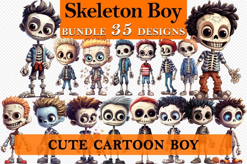 35 Skeleton Boy Halloween Cute Cartoon Clipart , Spooky Graphics, Paper ...