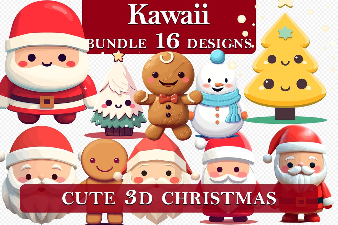 16 Cute KAWAII Christmas Funny Bundle Pack Santa Claus Snowman Tree ...