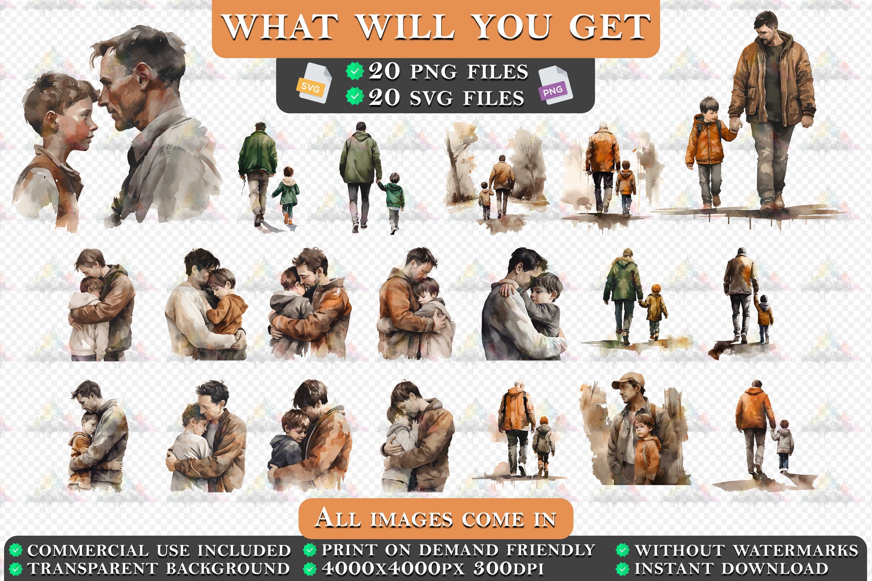 20 Father’s Day Watercolor Cliparts, Dad and Son, Fathers Day Gift ...