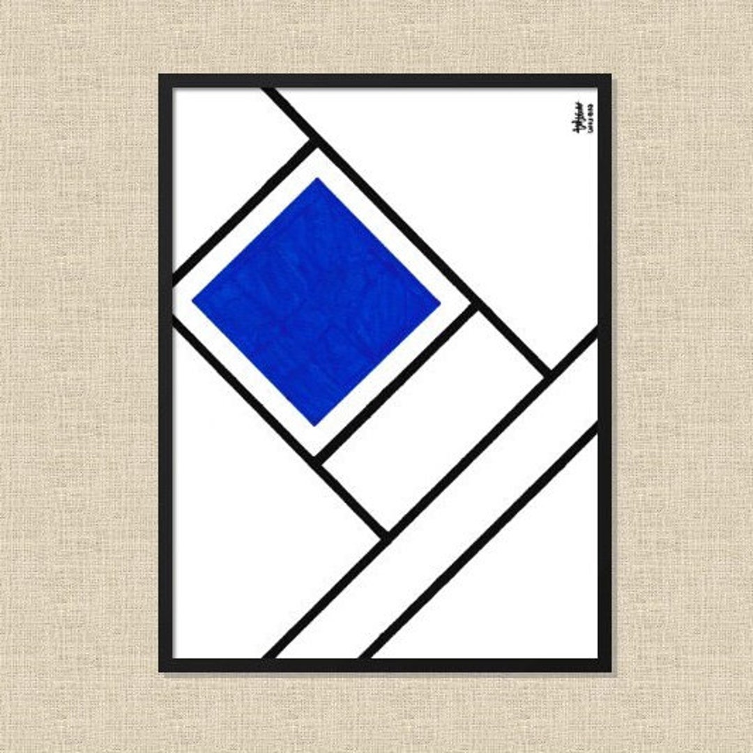 Mondrian Moss Inspired Mid-century Black and Blue Double Line - Etsy