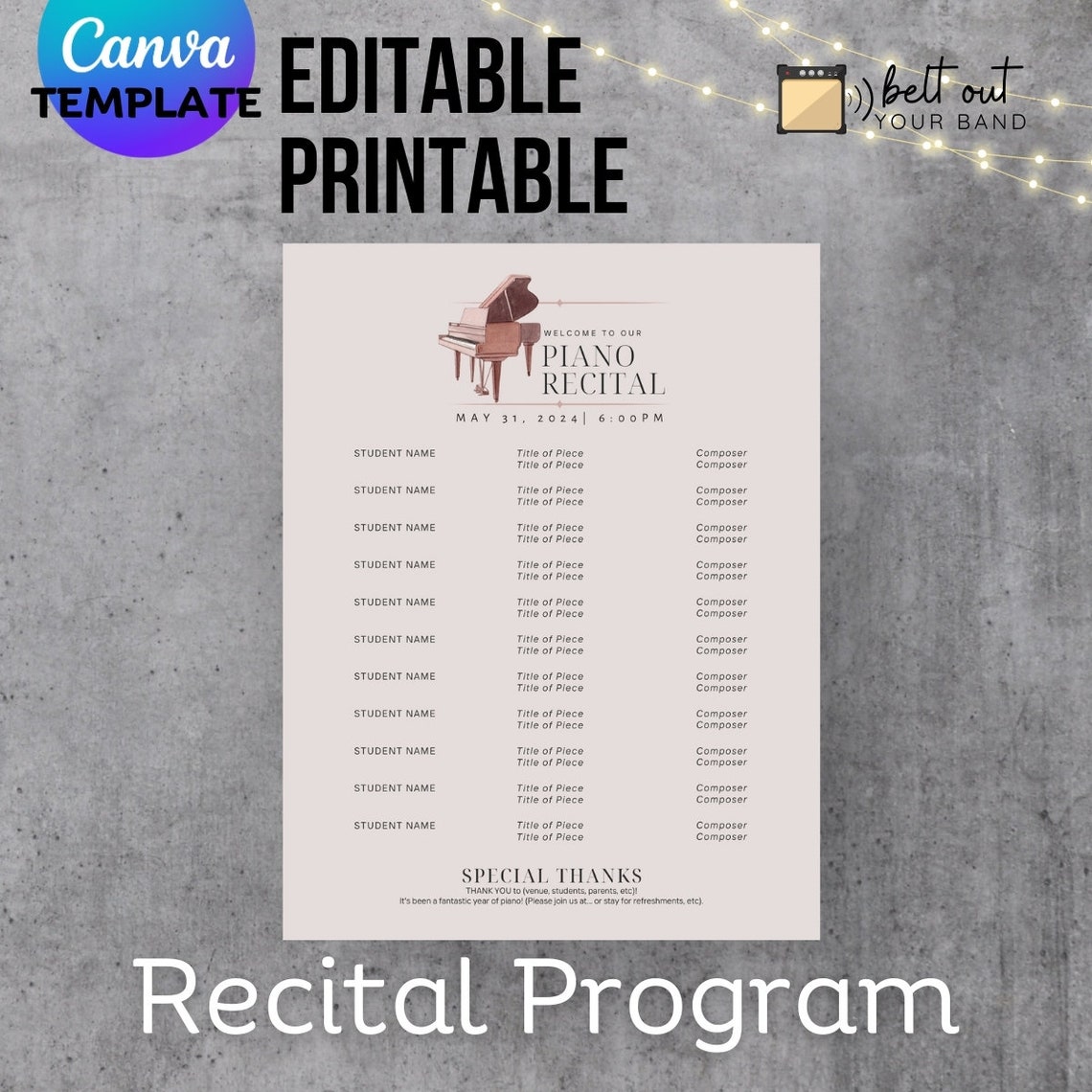 Grand Piano Recital Program - Canva Template - Etsy
