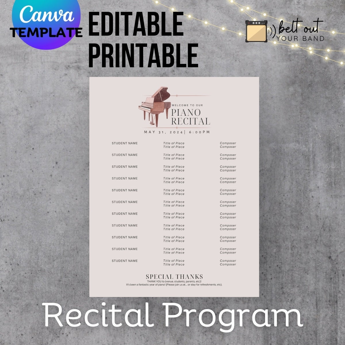 Grand Piano Recital Program - Canva Template - Etsy