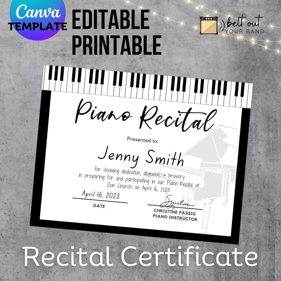 Piano Recital Certificate - Canva Template - Etsy