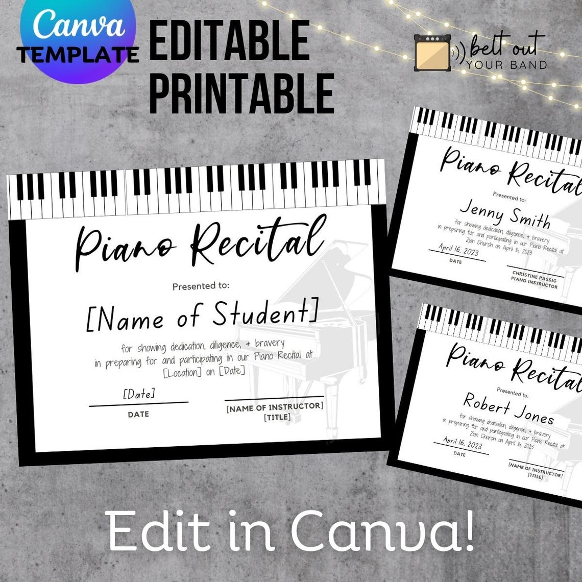 Piano Recital Certificate - Canva Template - Etsy