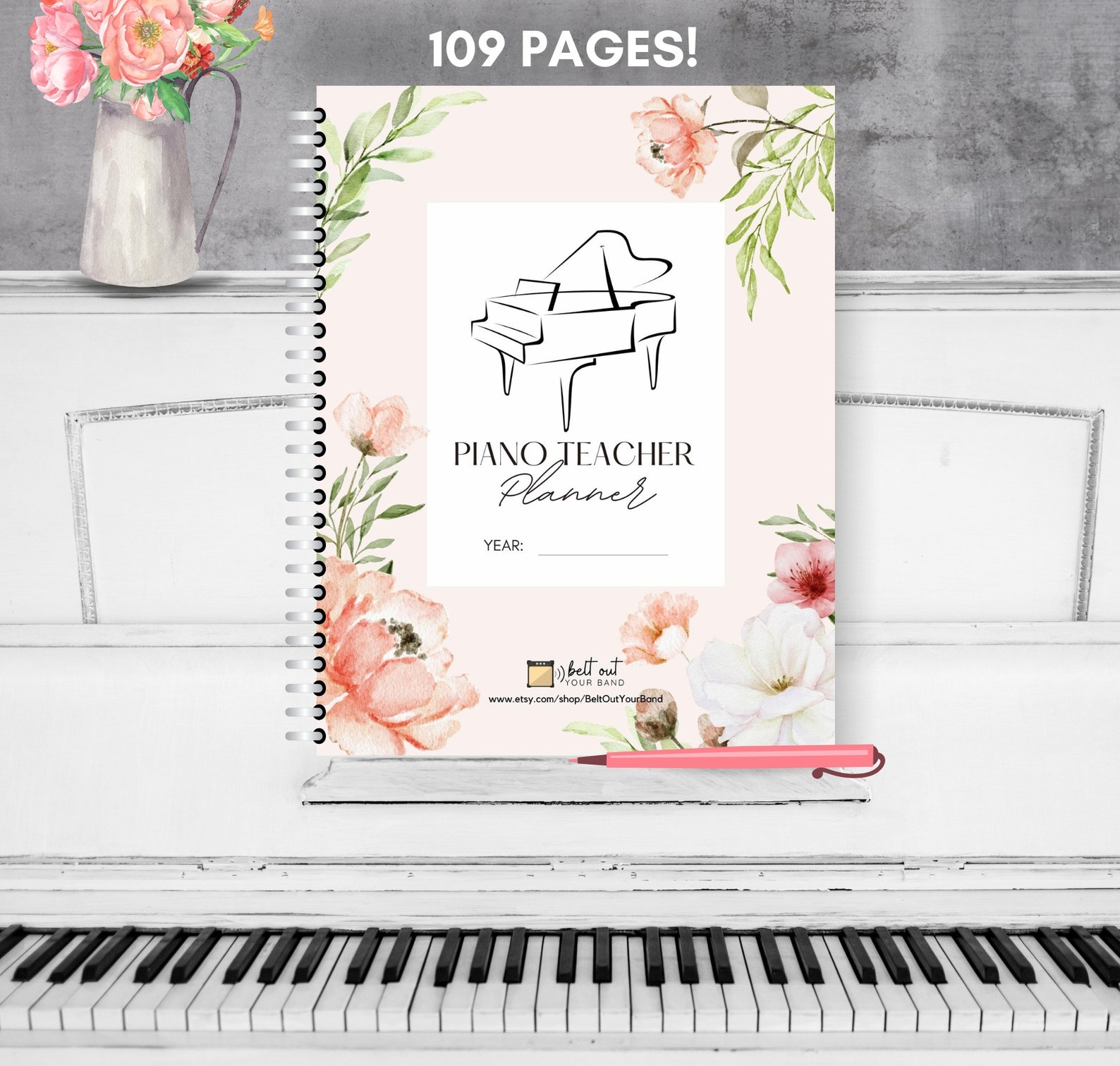 Piano Teacher Printable Planner - Pink Floral | Daily, Weekly, Monthly ...