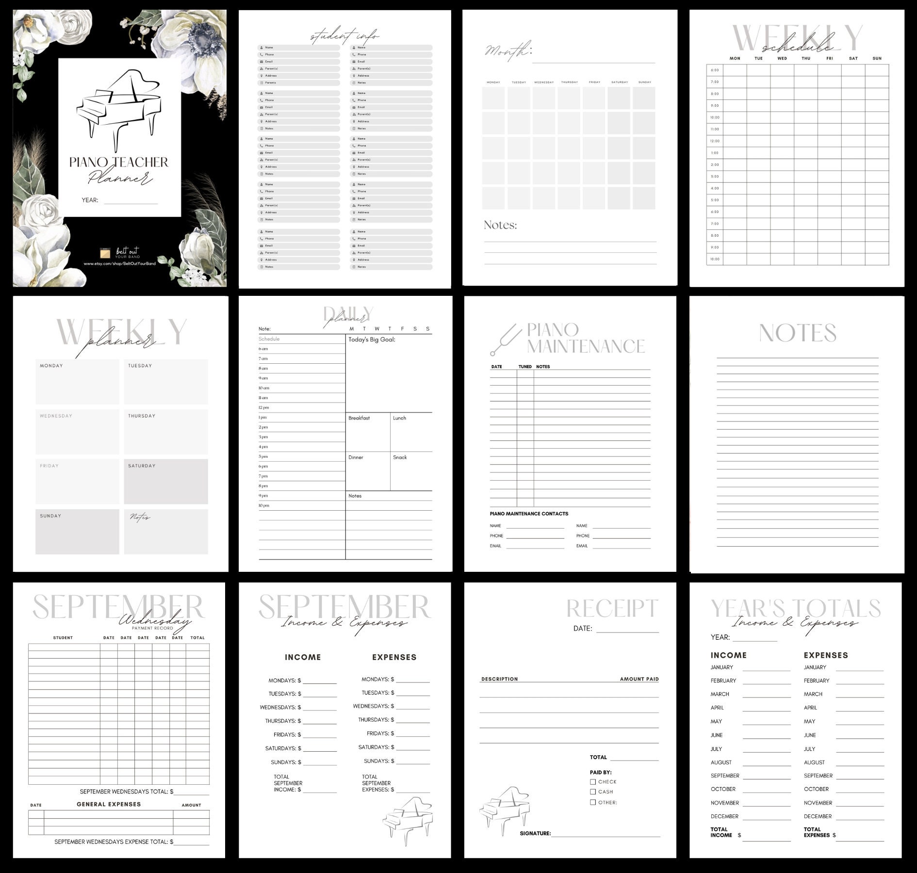 Piano Teacher Printable Planner - Black & White Floral - Etsy