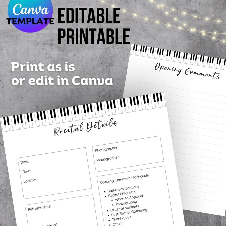 Printable Piano Recital Planner - Editable - Etsy