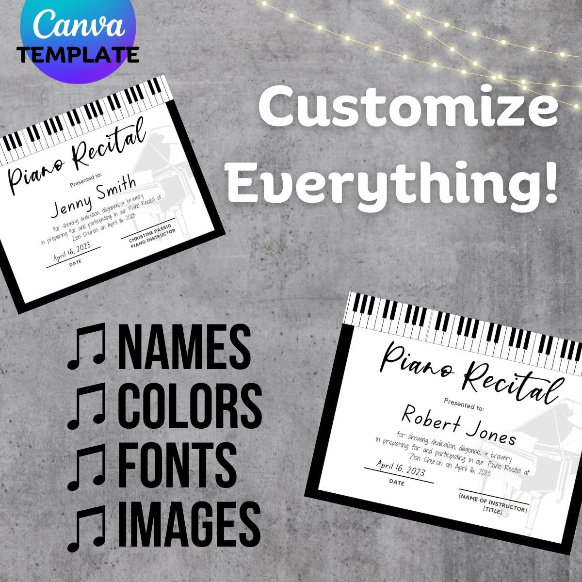 Piano Recital Certificate - Canva Template - Etsy