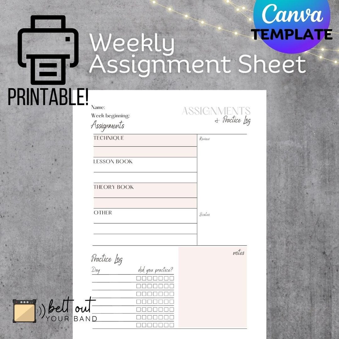 Weekly Piano Lesson Assignment Sheet, Printable, Editable Template ...