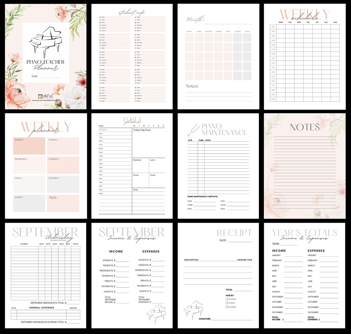 Piano Teacher Printable Planner Pink Floral Daily, Weekly, Monthly ...