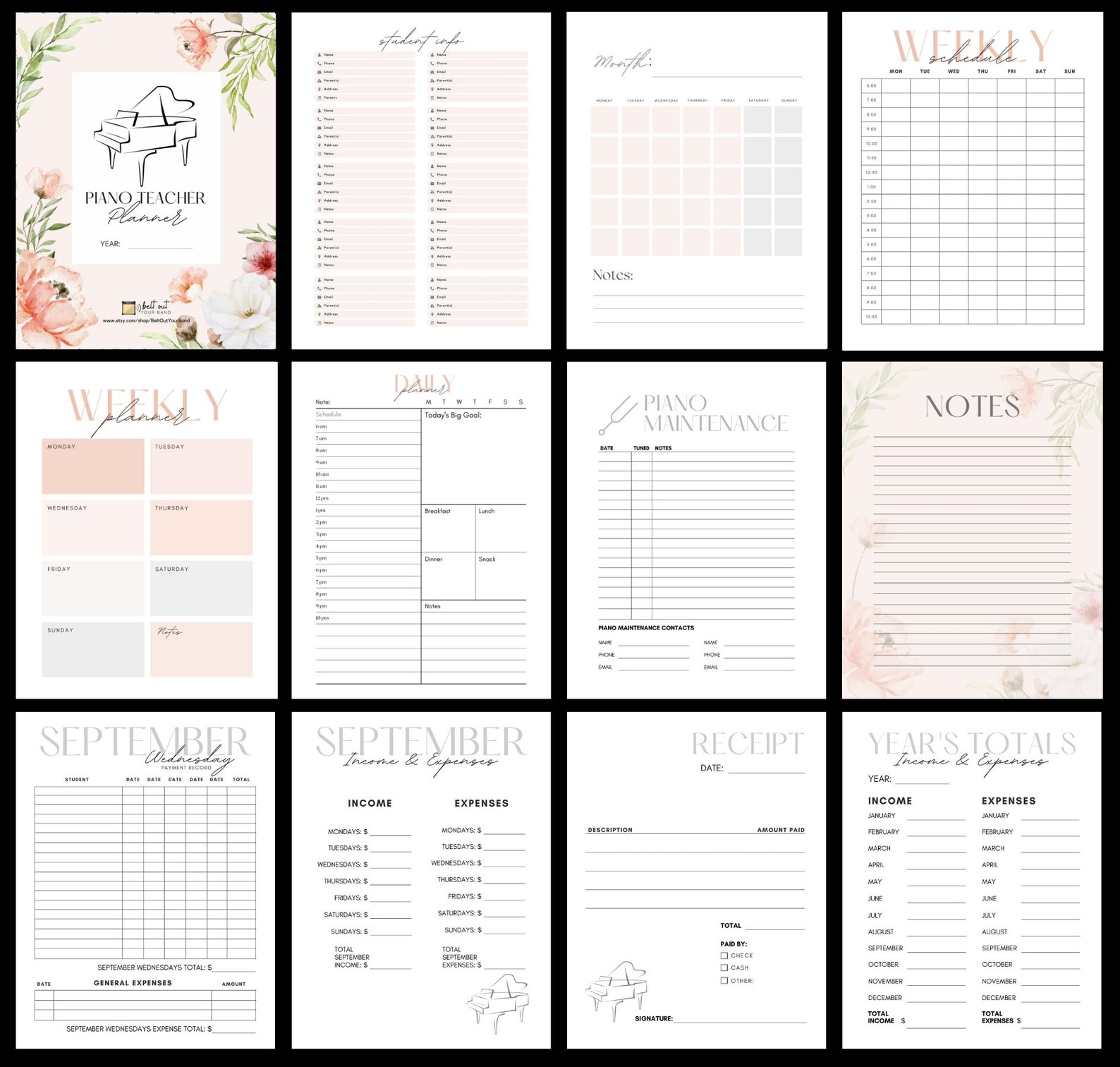 Piano Teacher Printable Planner Pink Floral Daily, Weekly, Monthly ...