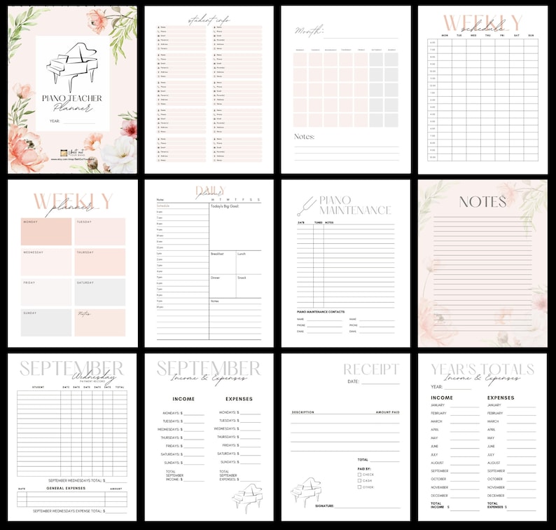 Piano Teacher Printable Planner Pink Floral Daily, Weekly, Monthly ...