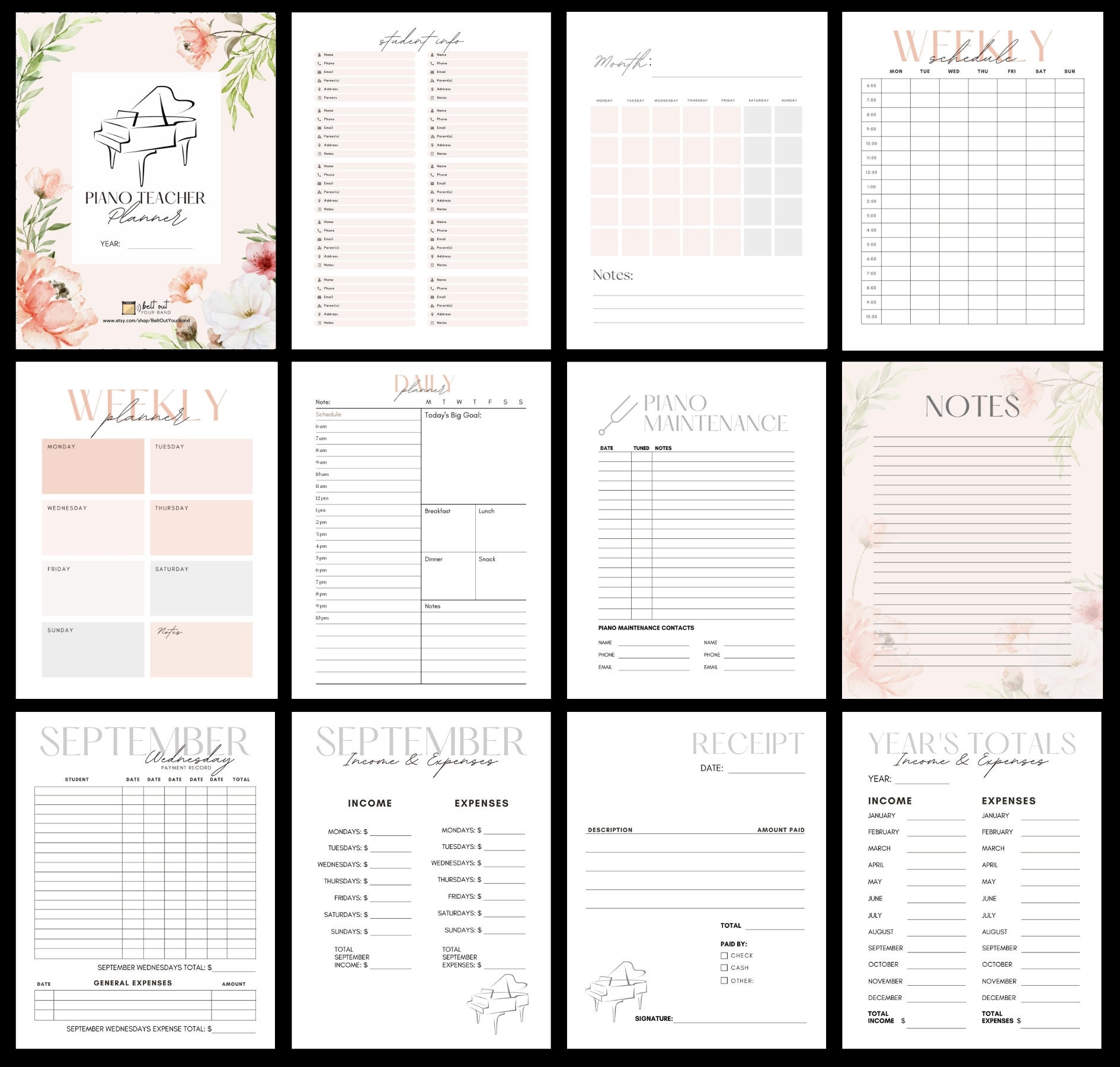 Piano Teacher Printable Planner - Pink Floral | Daily, Weekly, Monthly ...