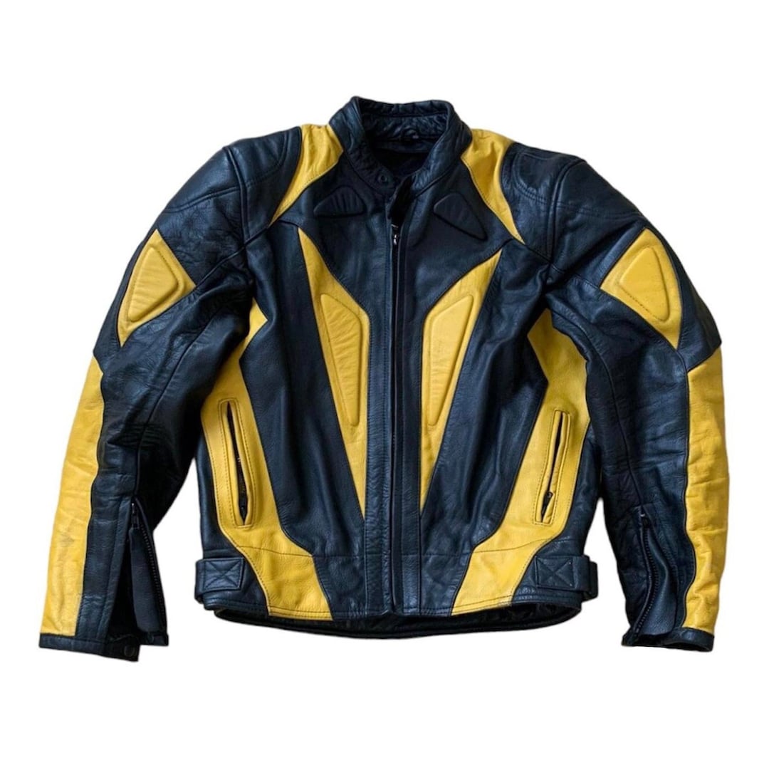 70s Cafe Racer Motorcycle Jacket Black & Yellow Streetwear Moto Biker ...