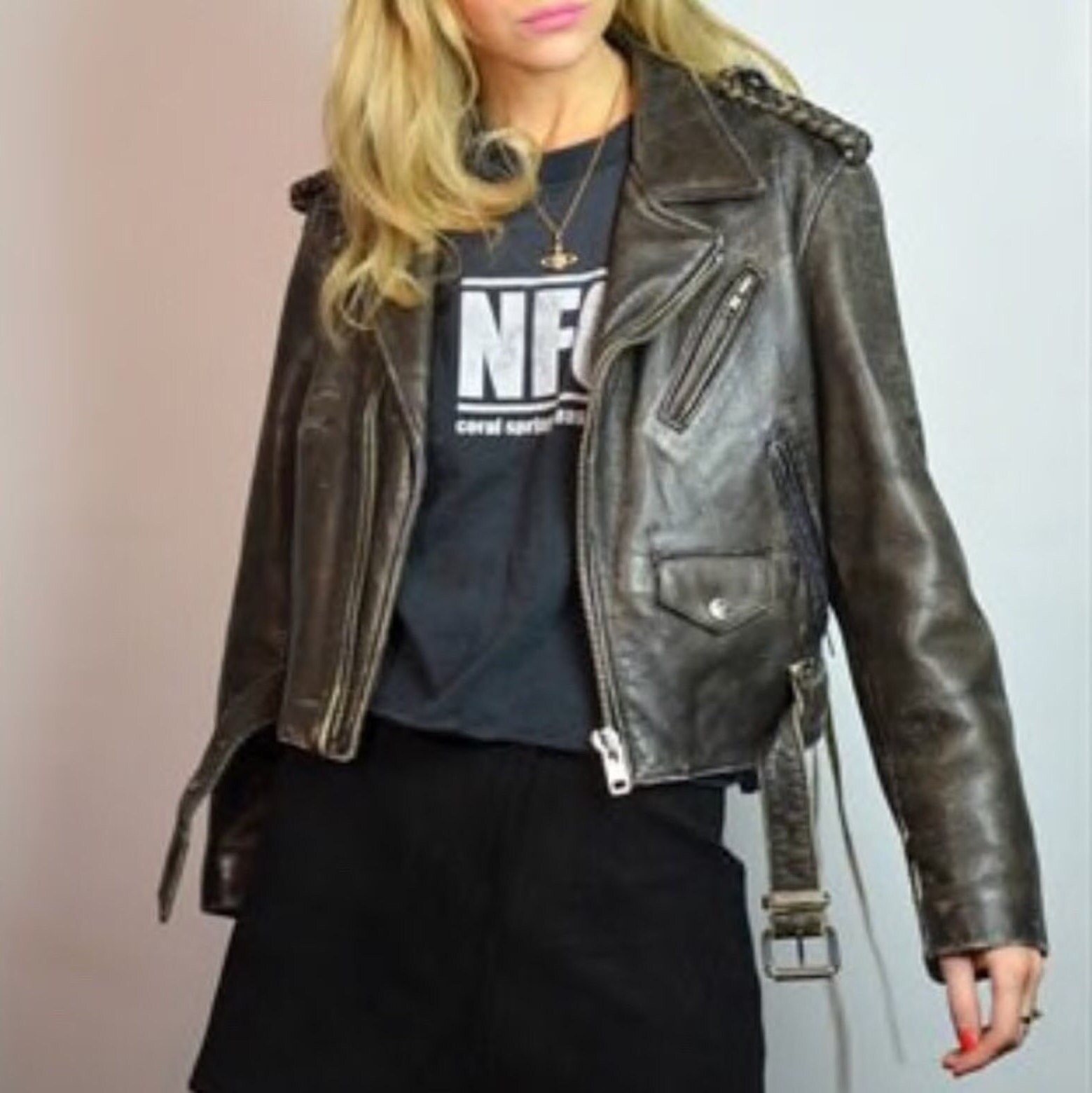 60s Little Oversize Retro Biker Vintage Style Distressed Black Real ...