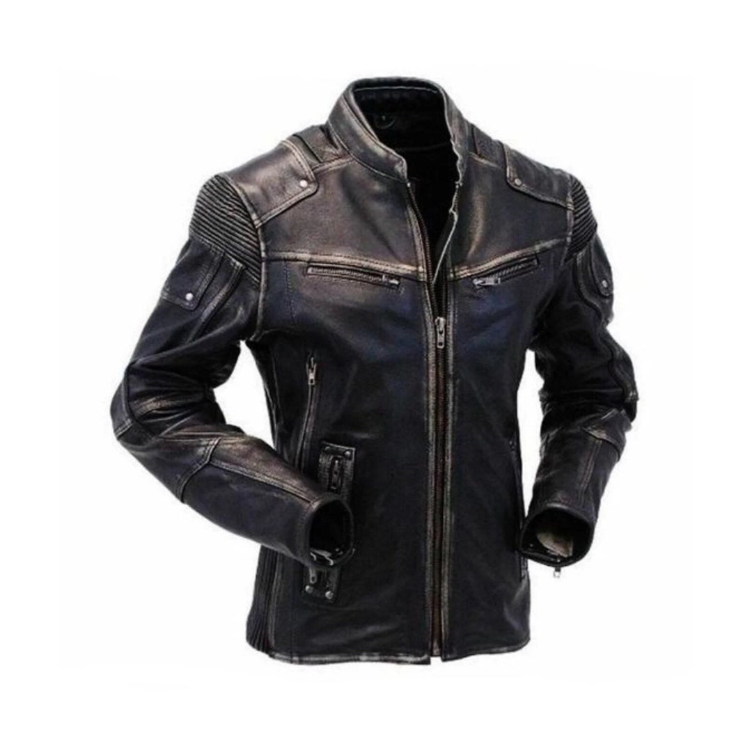 Distressed Black Cafe Racer Vintage Style Moto Biker Genuine Sheepskin ...