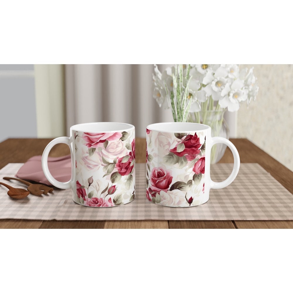 Deep Red Rose Watercolour Coffee Cup Floral Tea Cup Floral Coffee Cup ...