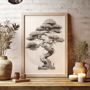 Japanese Bonsai Tree Art Print - A Monochrome Painting - Etsy