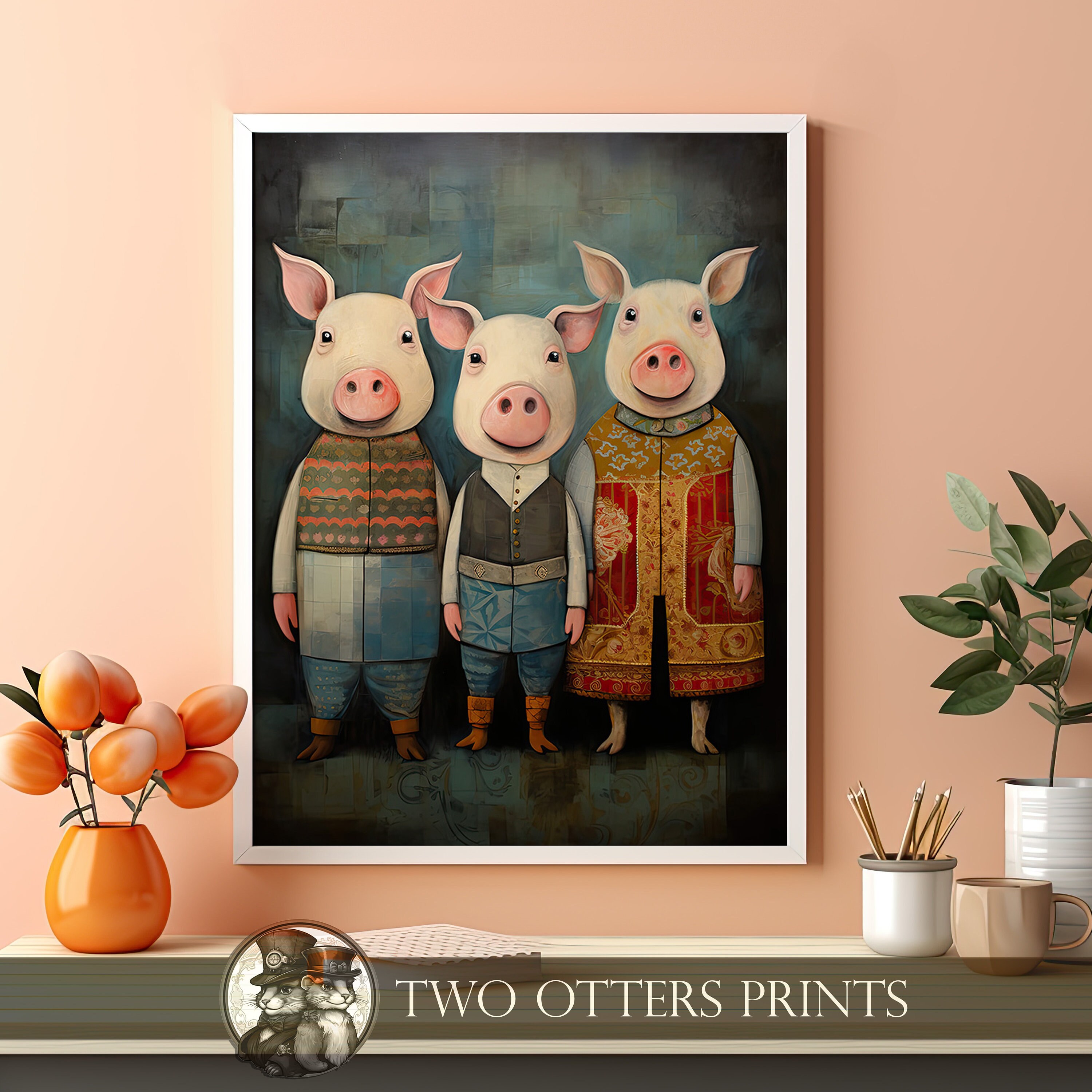 Pig Family Folk Art Print: Traditional and Whimsical Charm in Muted ...