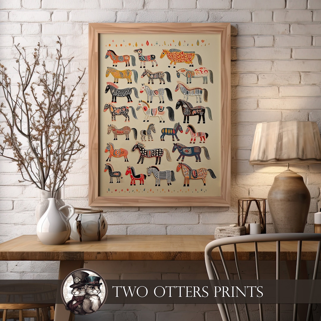 Folk Art Horses Print for Unique Home Decor | Naive Americana - Etsy